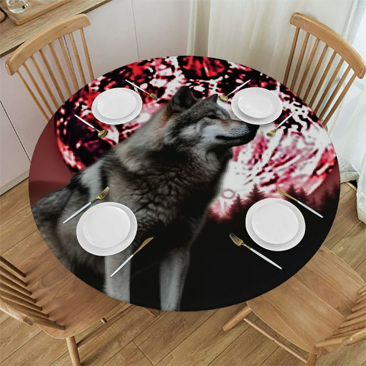 JEUXUS Wolf Howling Red Moon Round Tablecloth with Elastic Fitted ...