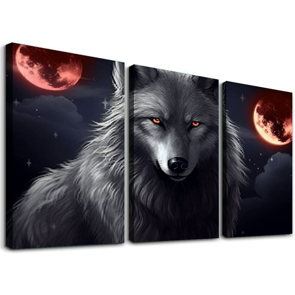 JEUXUS Wolf with Starry Sky Canvas Wall Art Black and White Wildlife ...