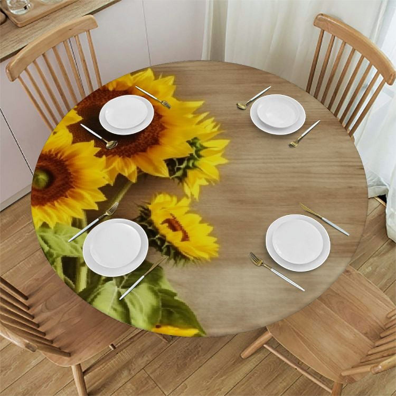 RUIYC Sunflower Fitted Round Tablecloth with Elastic Stain Resistant ...