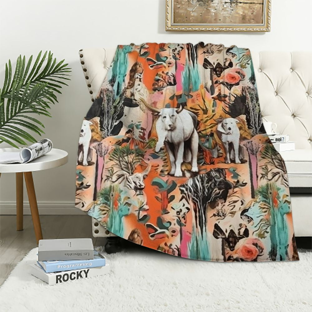 JEUXUS YANR Cute Cow Print Blanket Desert Landscape Cowboy Sherpa ...