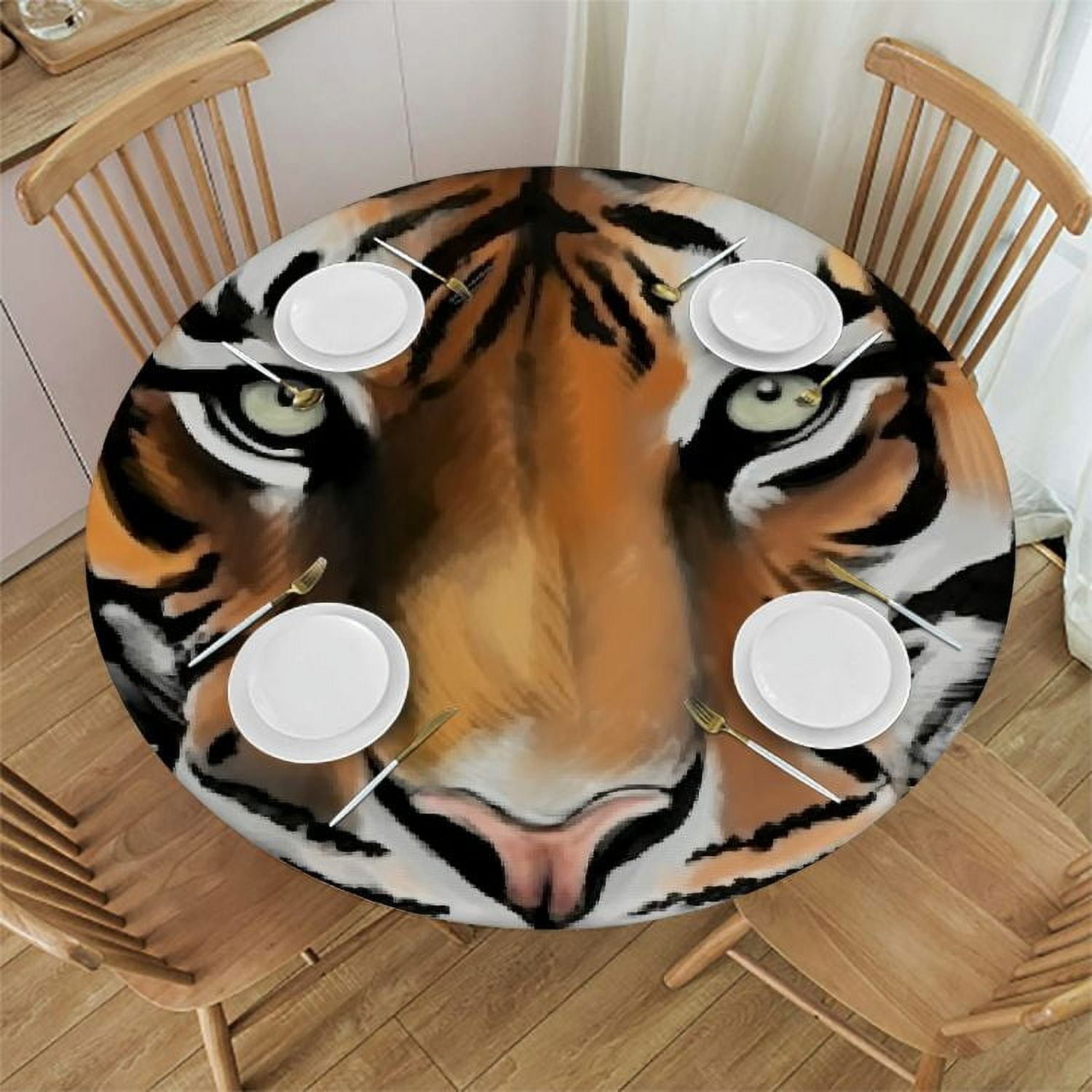 RUIYC Yellow Brown Tablecloth for Round Large Cat Tiger Elastic Edged ...