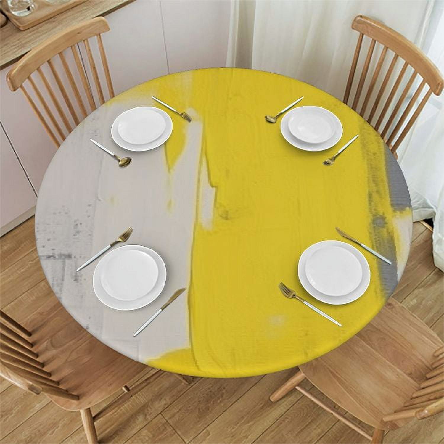 JEUXUS Yellow Grey Modern Abstract Art Painting Round Fitted Table ...