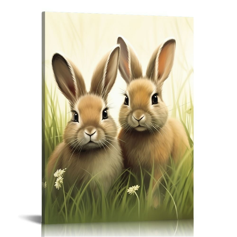 JEUXUS Young Bunnies Sitting In Grass Canvas Wall Art Animal Wall Decor ...