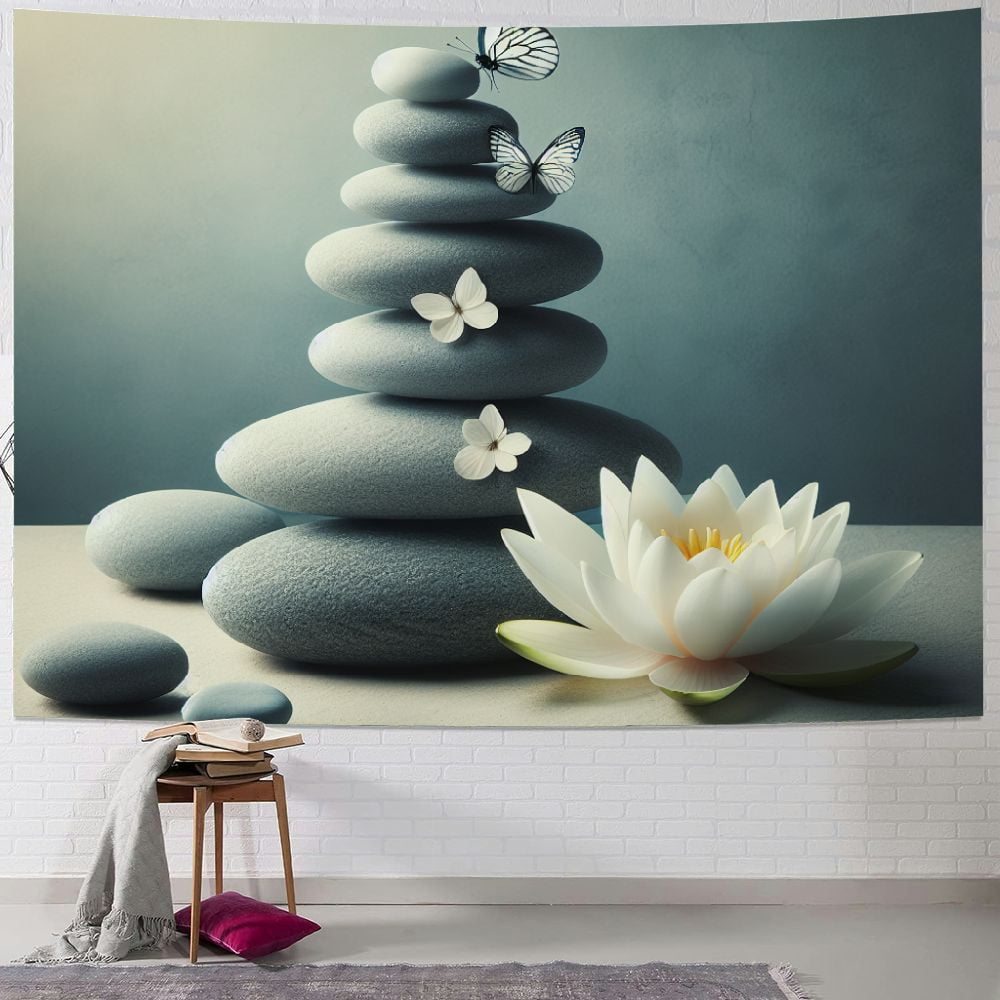JEUXUS Zen Water Lily White Flower and Butterfly Stone in Water Hanging ...