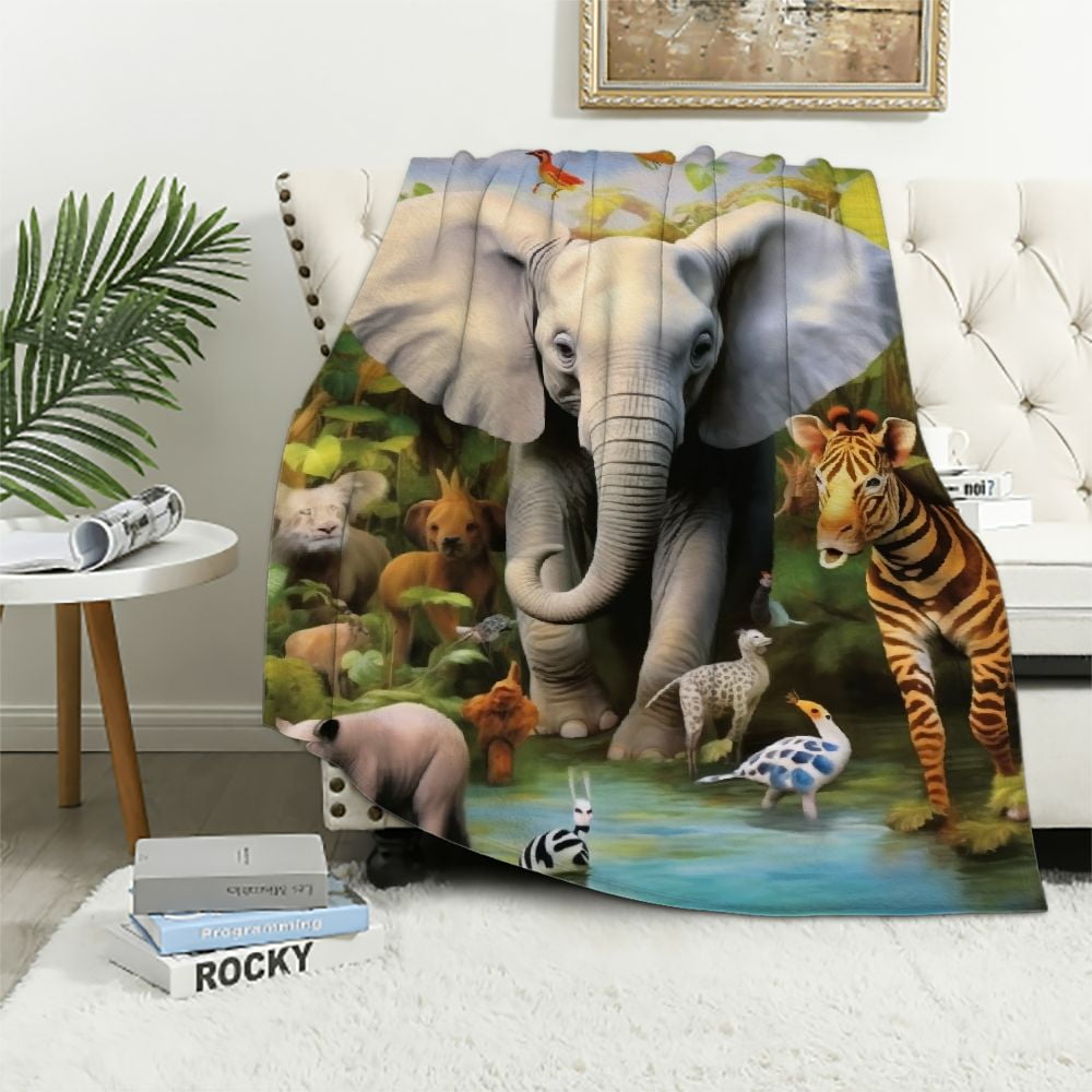 JEUXUS Zoo Animals Flannel Blanket African Safari Animals Elephant ...
