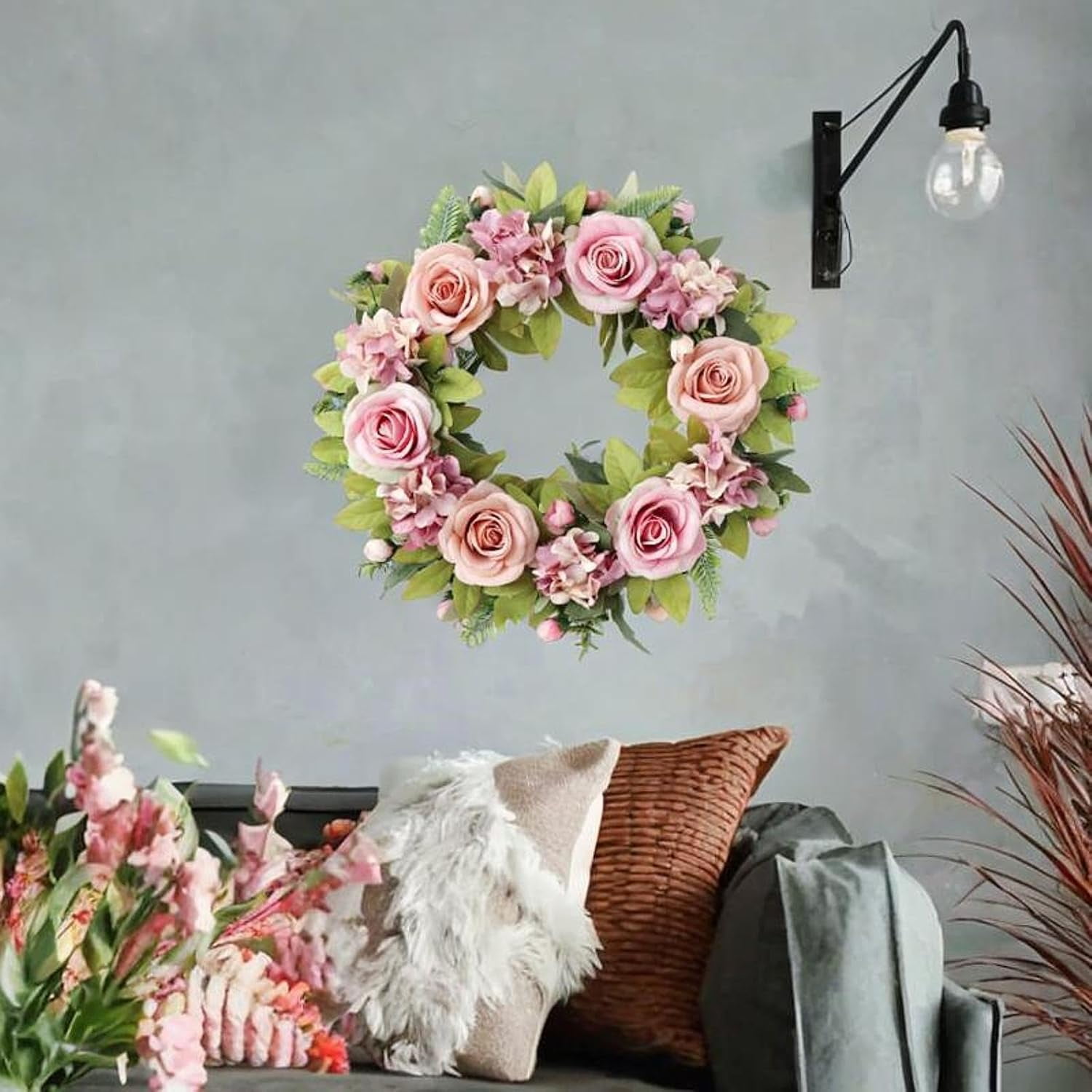 JEWELO 18 Inch Spring Wreath for Front Door, Artificial Spring Flower ...