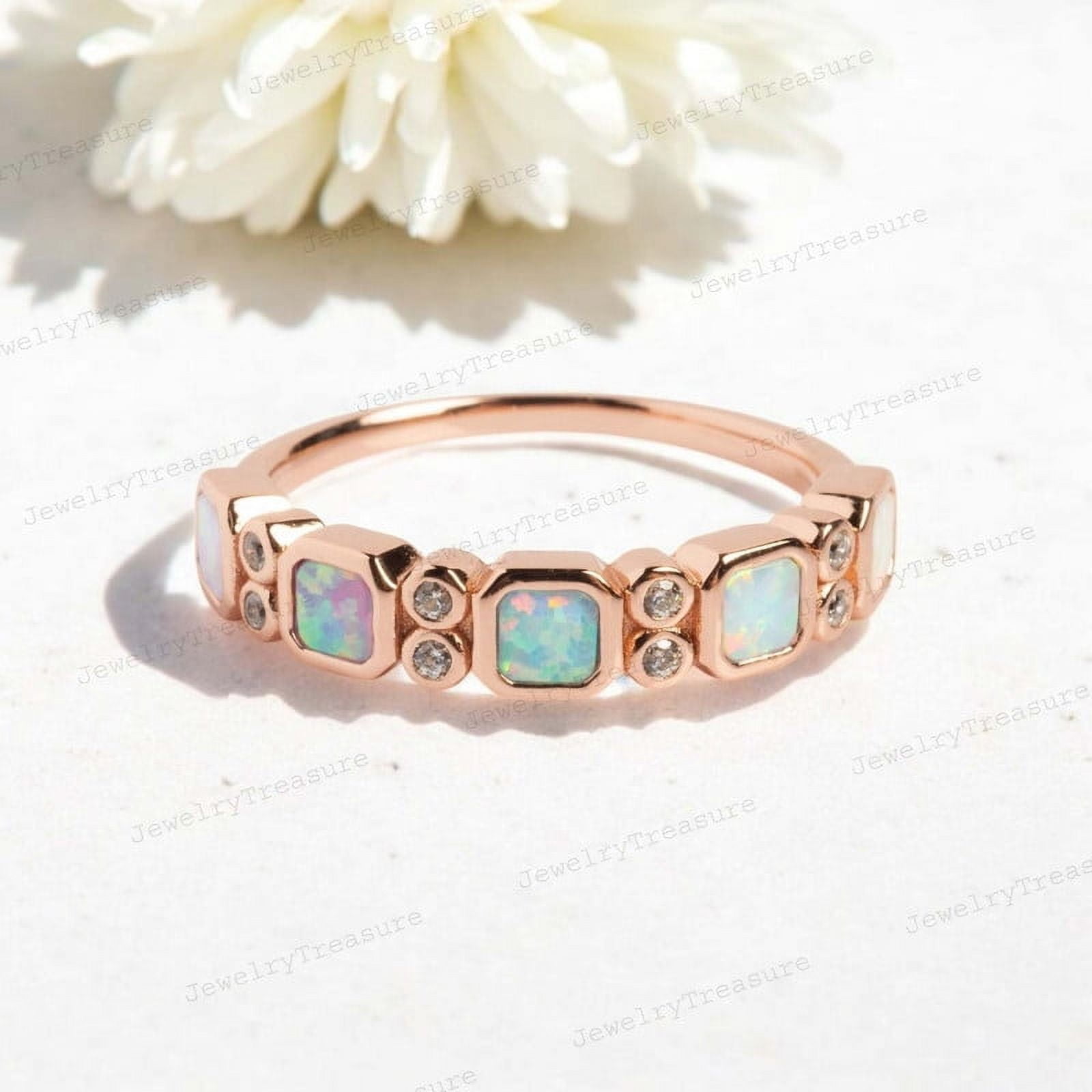 JEWELRYTREASURE 3 mm / 0.2 Ct Princess Cut Opal Diamond Ring Rose Gold ...