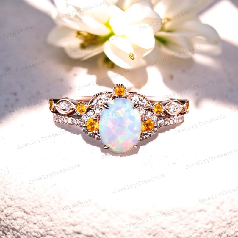 JEWELRYTREASURE 8x6 mm / 1 Ct Oval Cut Fire Opal Citrine Ring Set 14k ...