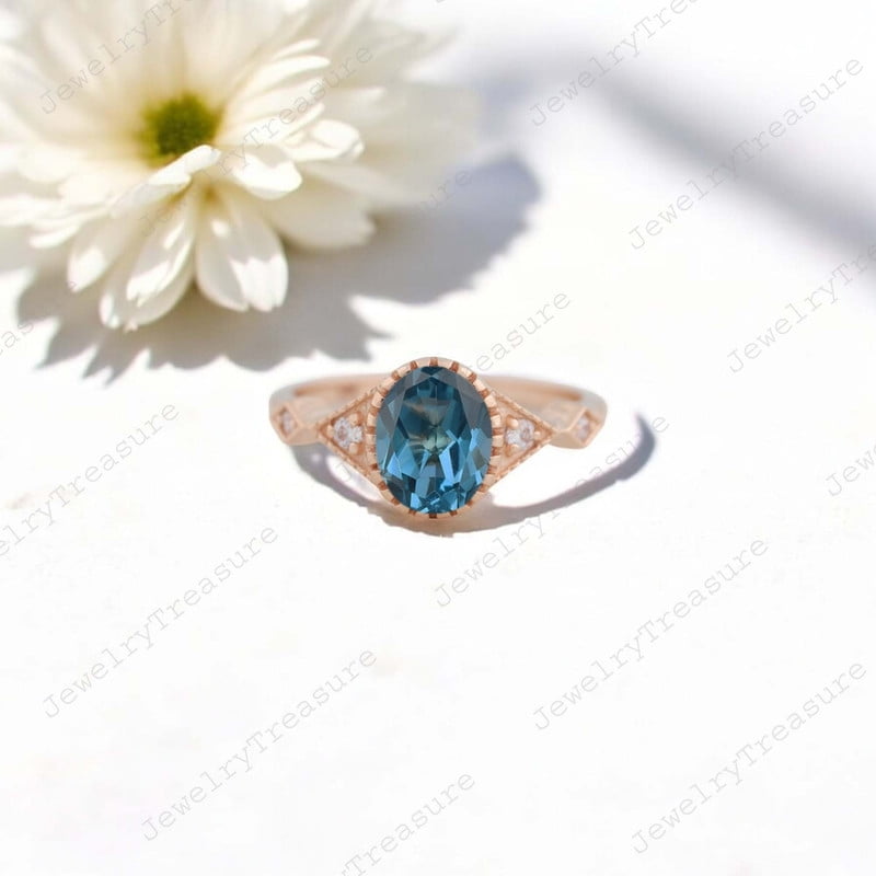 JEWELRYTREASURE 8x6 mm / 2 Ct London Blue Topaz Ring Art Deco ...