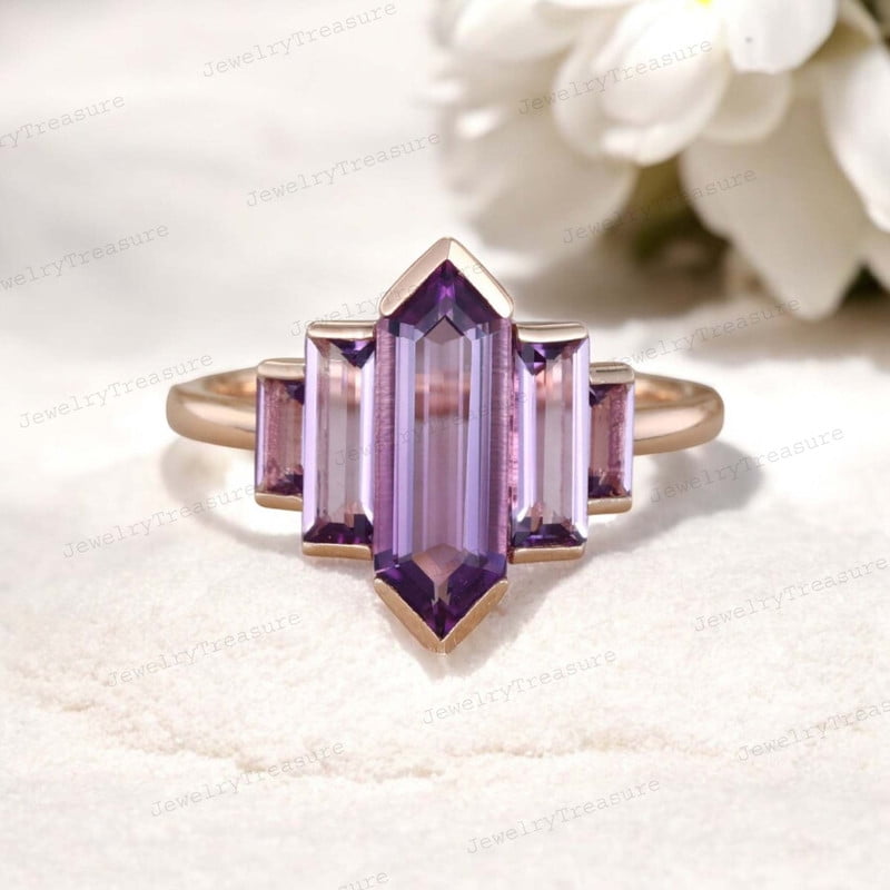 JEWELRYTREASURE 9x7 mm / 1.5 Ct Hexagon Shape Purple Amethyst Ring 14k Solid Gold Ring Bezel Set ...