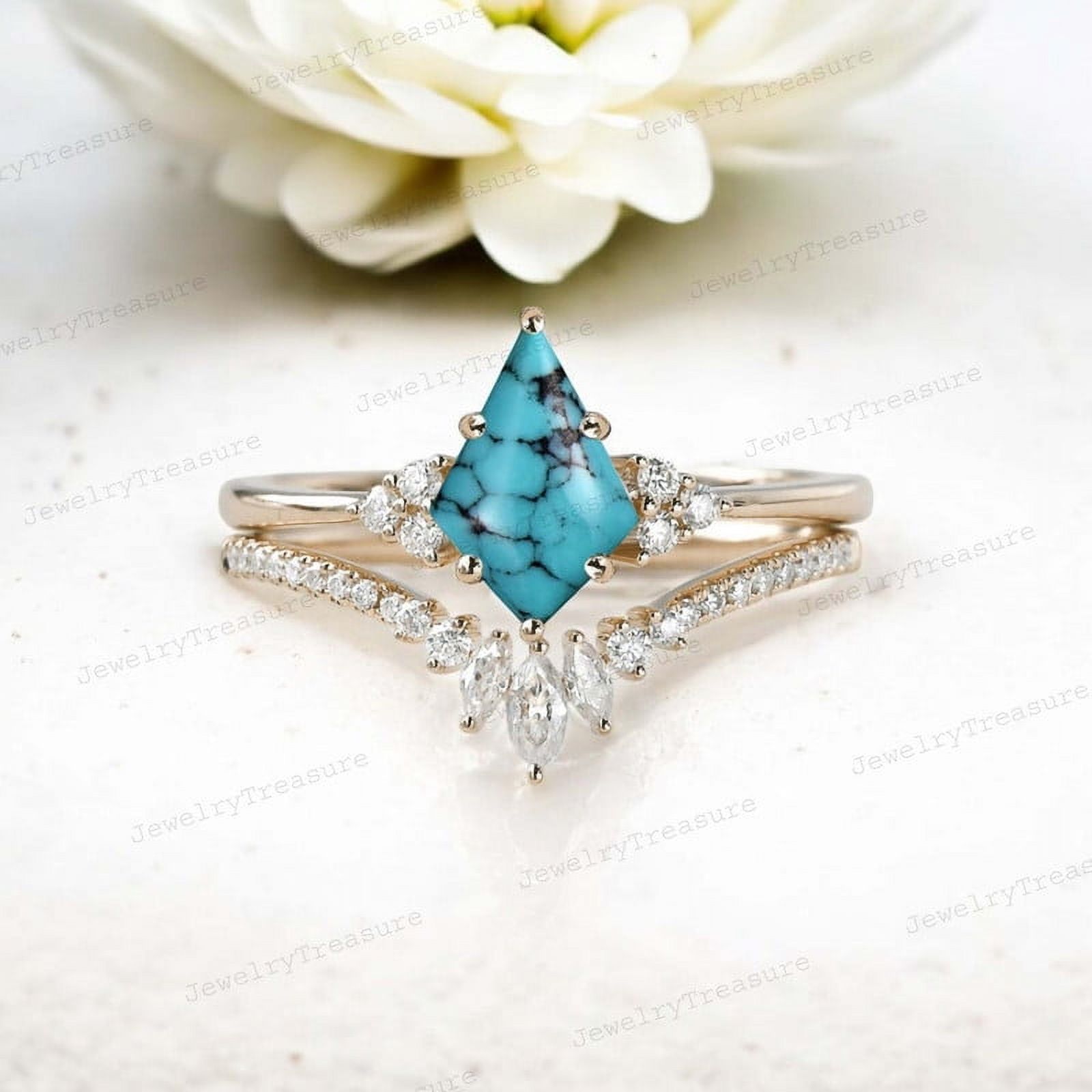 JEWELRYTREASURE 9x7 mm / 1.5 Ct Turquoise Wedding Ring Set 14k Yellow ...