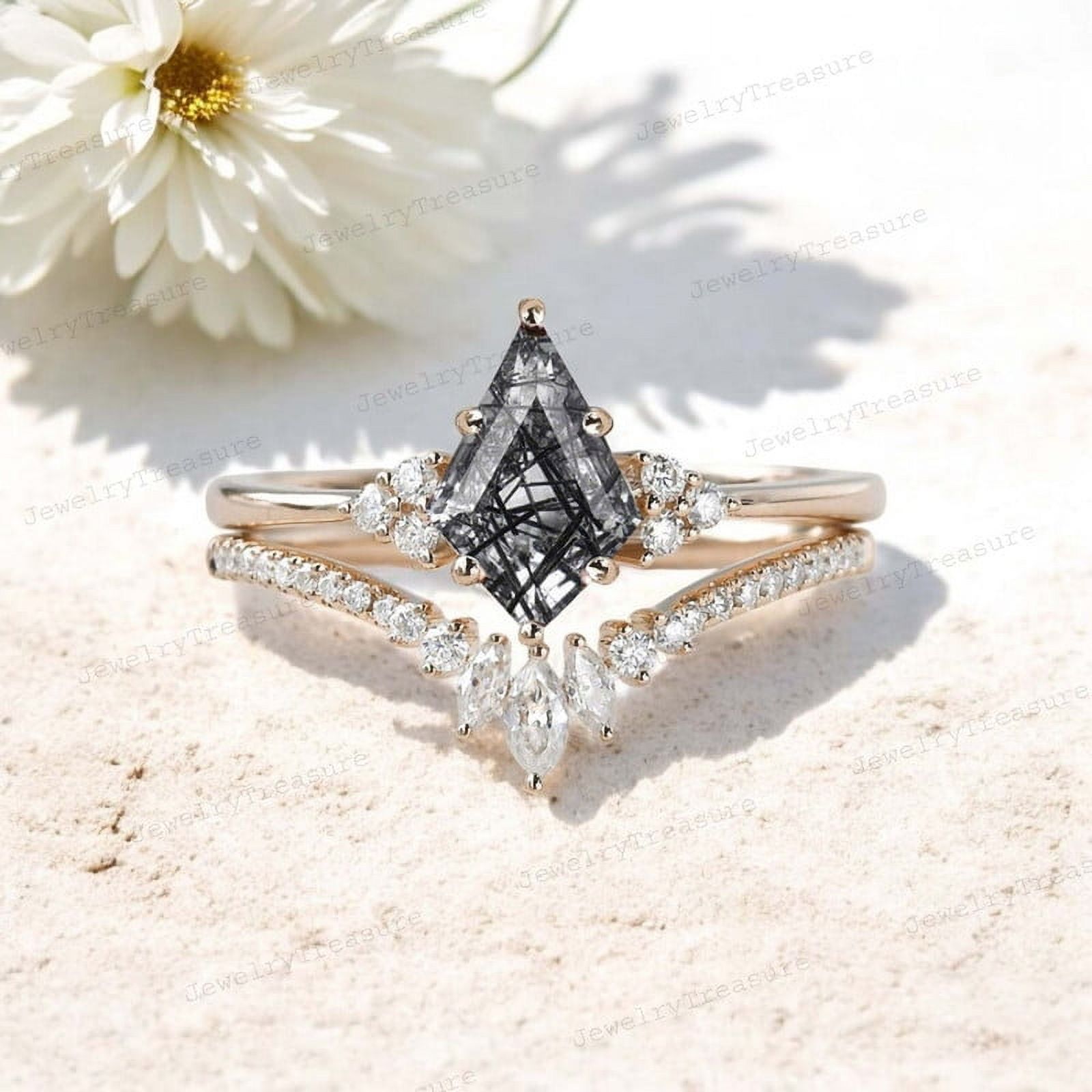 JEWELRYTREASURE 9x7 mm / 1.5 Ct Vintage Black Rutilated Quartz Ring Set ...