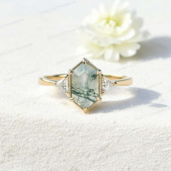 JEWELRYTREASURE 9x7 mm / 1 Ct Hexagon Shape Moss Agate Ring Yellow Gold ...