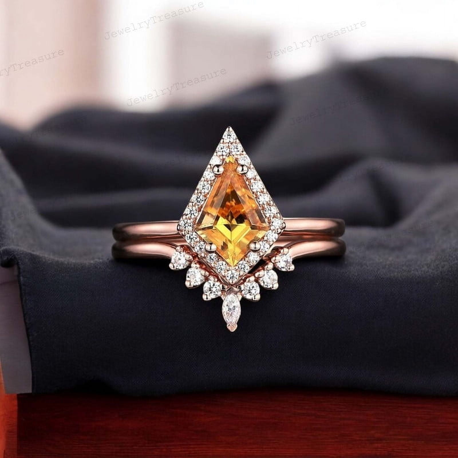 JEWELRYTREASURE 9x7 mm / 1 Ct Kite Cut Citrine Ring Set 14k Solid Gold Wedding Ring Set Art Deco ...