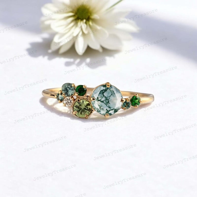 JEWELRYTREASURE Natural Moss Agate Wedding Ring Cluster Peridot Emerald ...