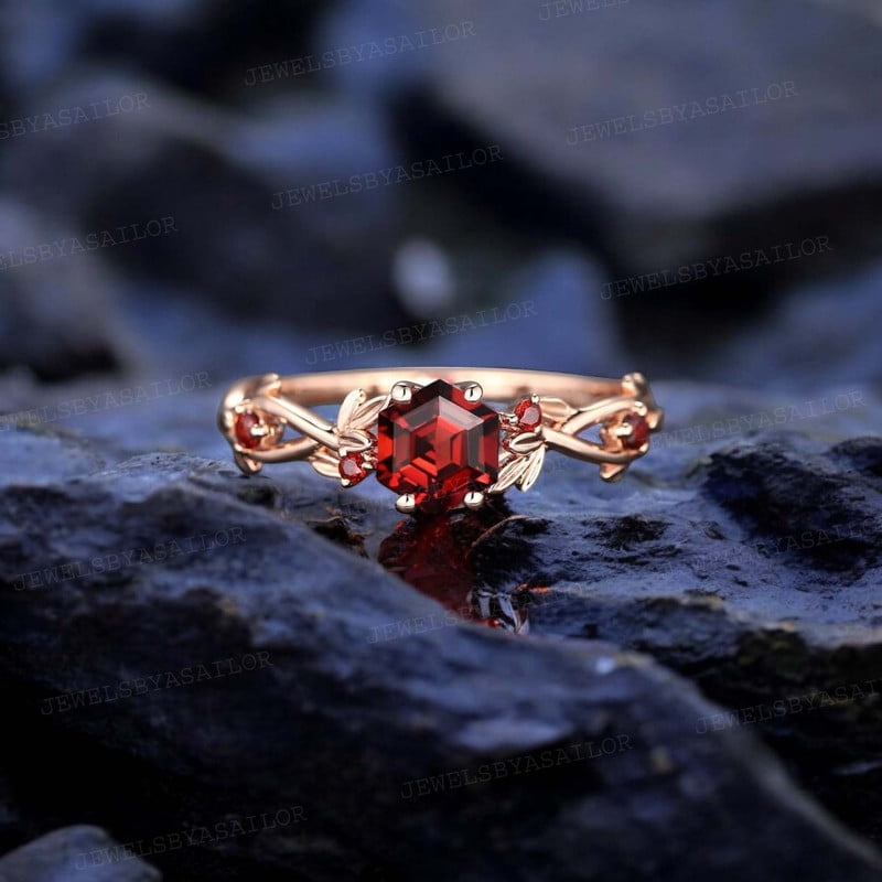 JEWELSBYASAILOR Hexagon Cut Garnet Ring / Rose Gold Plated Twig Ring ...