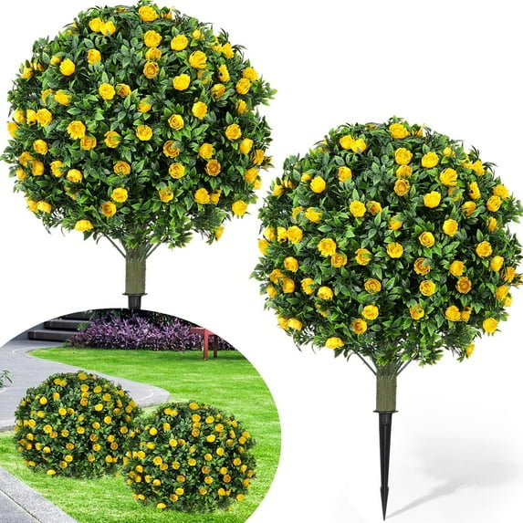 JEWLALO 2PCS 24" Artificial Topiary Ball Trees with Flowers, Fake ...