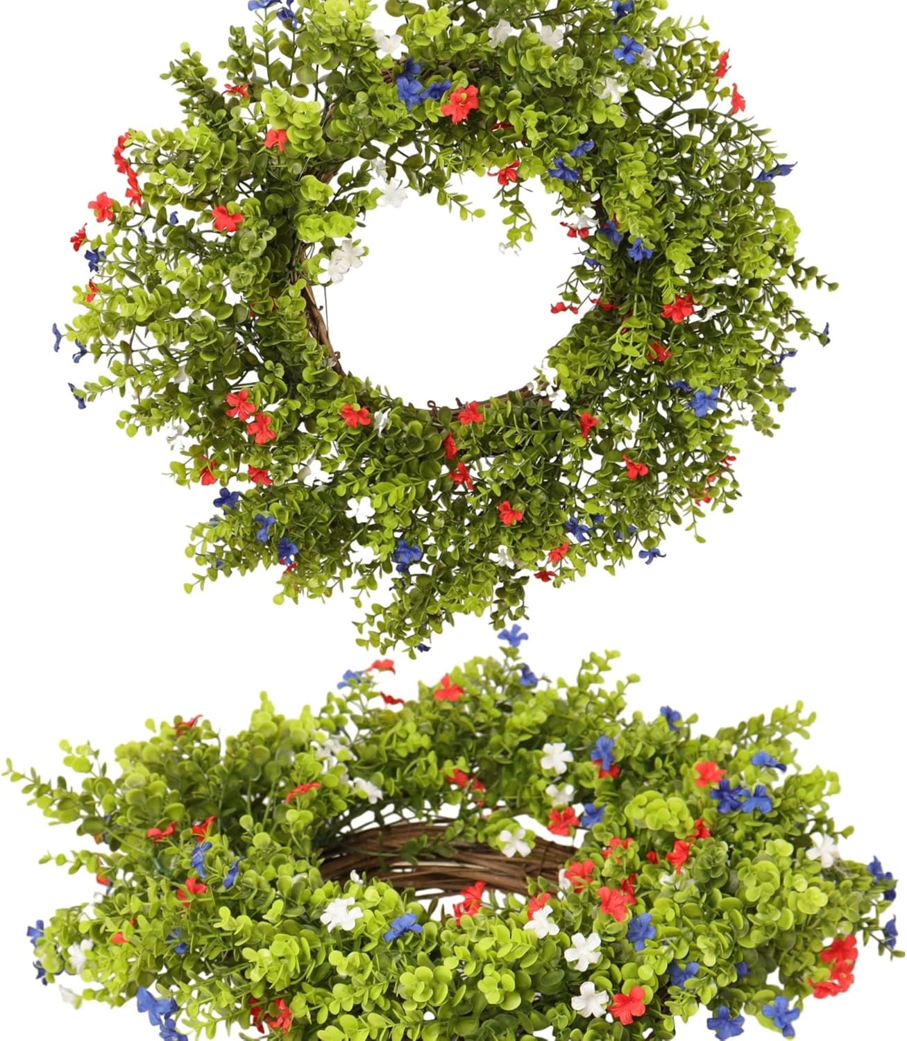 JEWLALO Spring Wreath Artificial Geranium Boxwood 20IN, Red White Blue ...