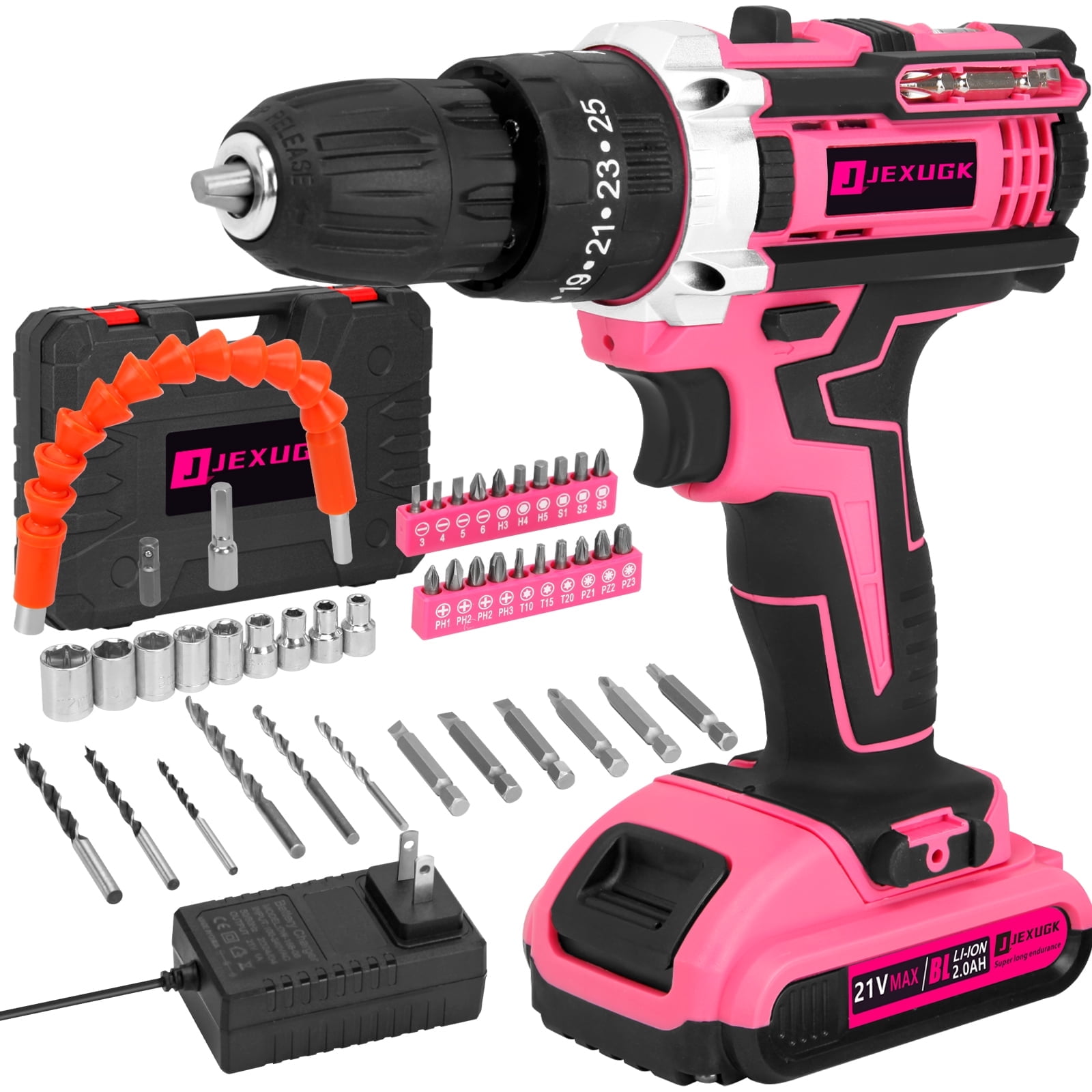 JEXUGK 21V Pink Cordless Drill Set, 398In-lb Torque Power Drill Tool ...