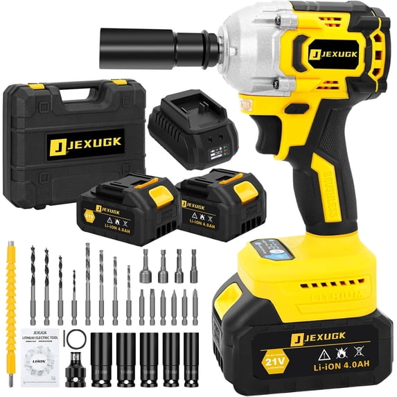 JEXUGK Cordless Electric Impact Wrench, 600Nm Torque, 2 Brushless 4.0Ah ...
