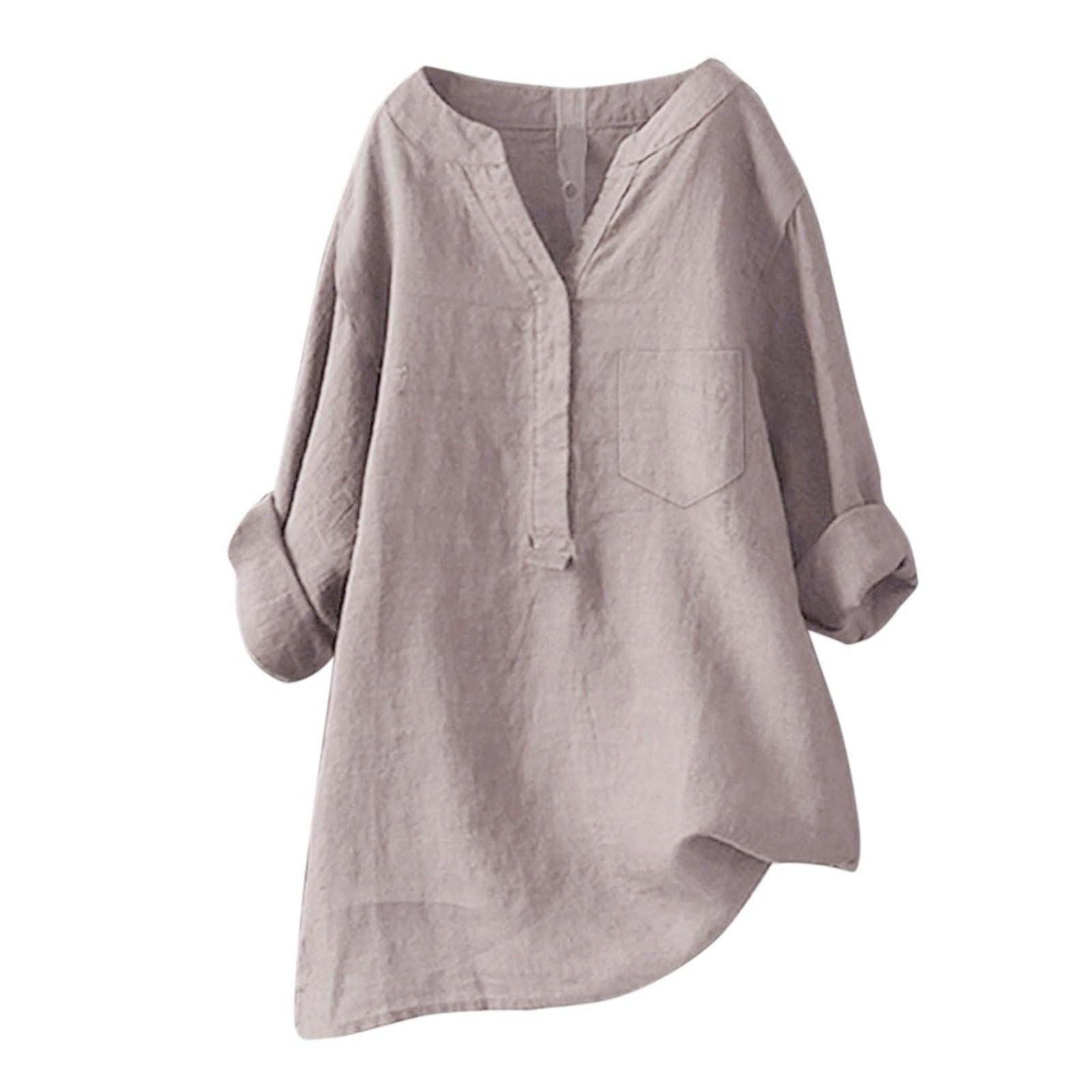 JFGHDG Women Loose Fit Linen Tunic, Roll-Up 3/4 Sleeve Notched Neck ...