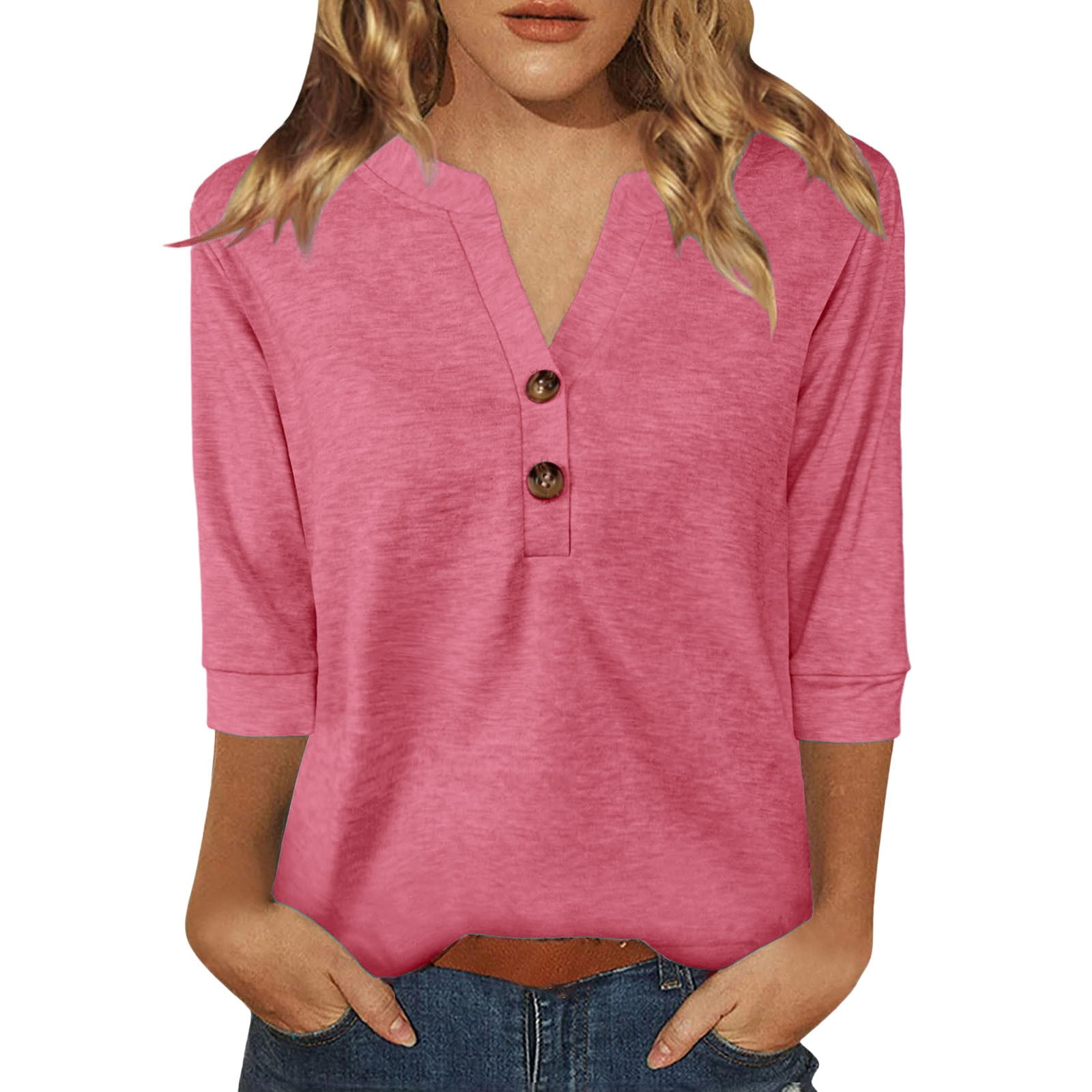 JFGHDG Women's Henley V Neck Two Button Three Quarter Sleeve Loose Fit ...