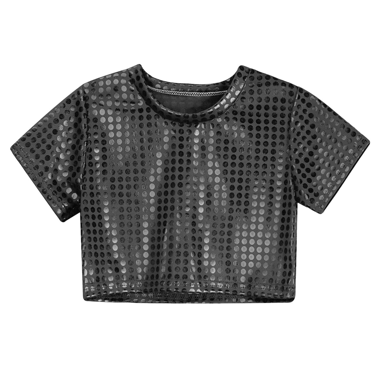 JFHHQ Girl's Fishnet Mesh Tee Shirt Round Neck Short Sleeve Crop Top ...