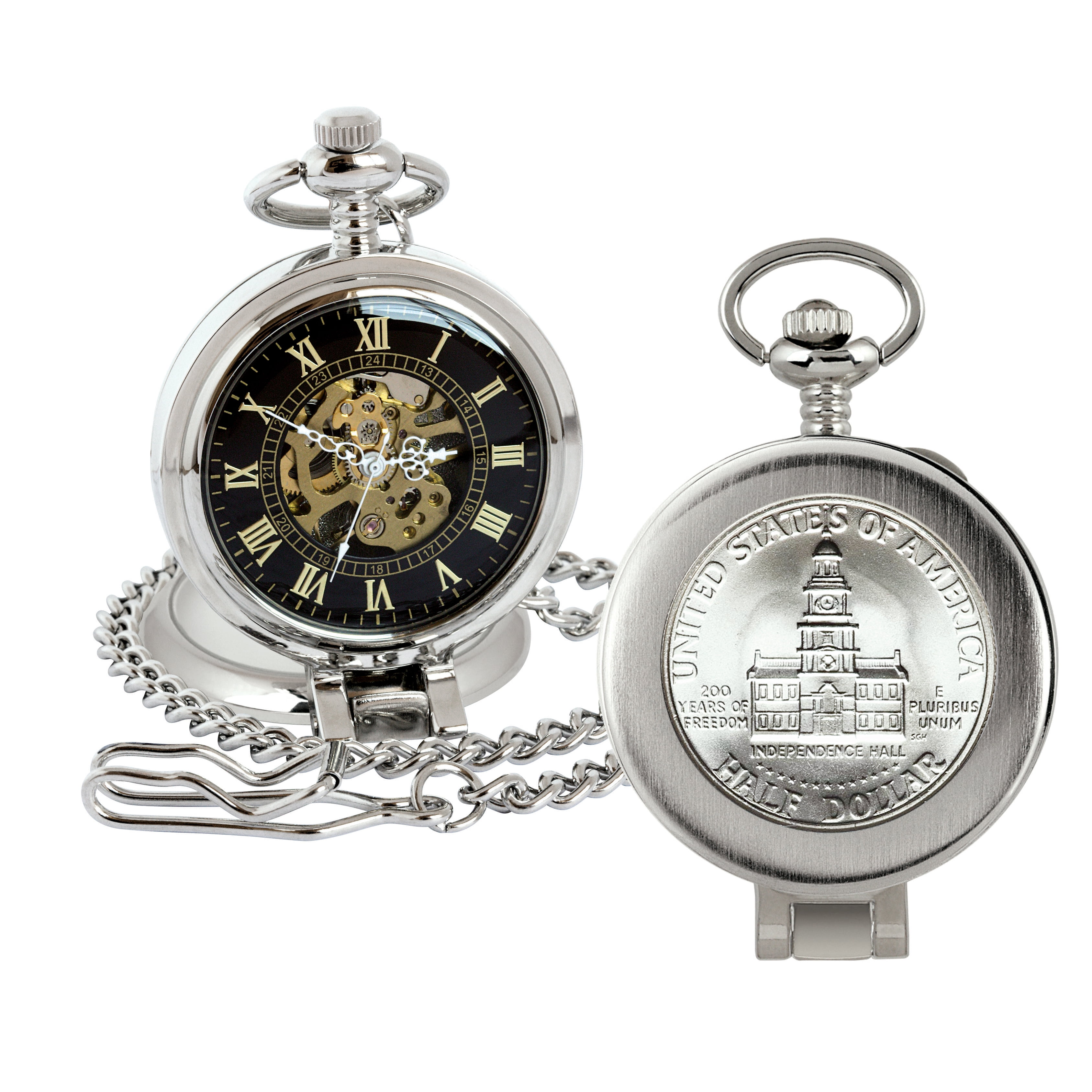 JFK Bicentennial Half Dollar Coin Pocket Watch with Skeleton Movement ...
