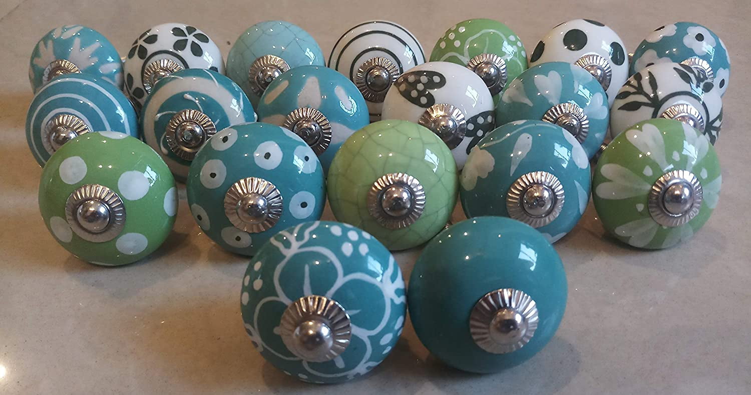 JGARTS 20 Decorative Ceramic Knobs in Aqua Blue, Turquoise Green & White Cream for Door & Drawer ...