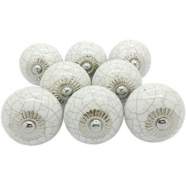 JGARTS Set of 8 Knobs White Cream Crackle Hand Painted Ceramic Knobs Cabinet Drawer Pull Pulls ...