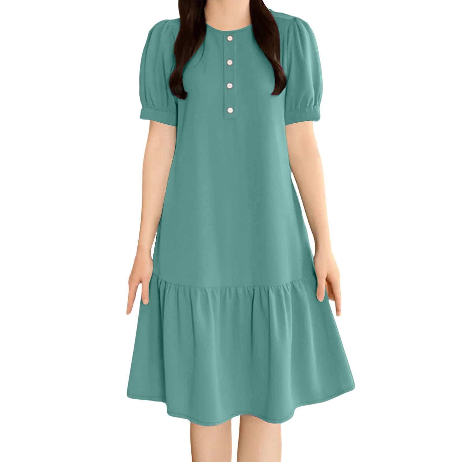 JGGSPWM Button Round Neck Puff Sleeve Midi Dress for Women, Tiered Hem ...