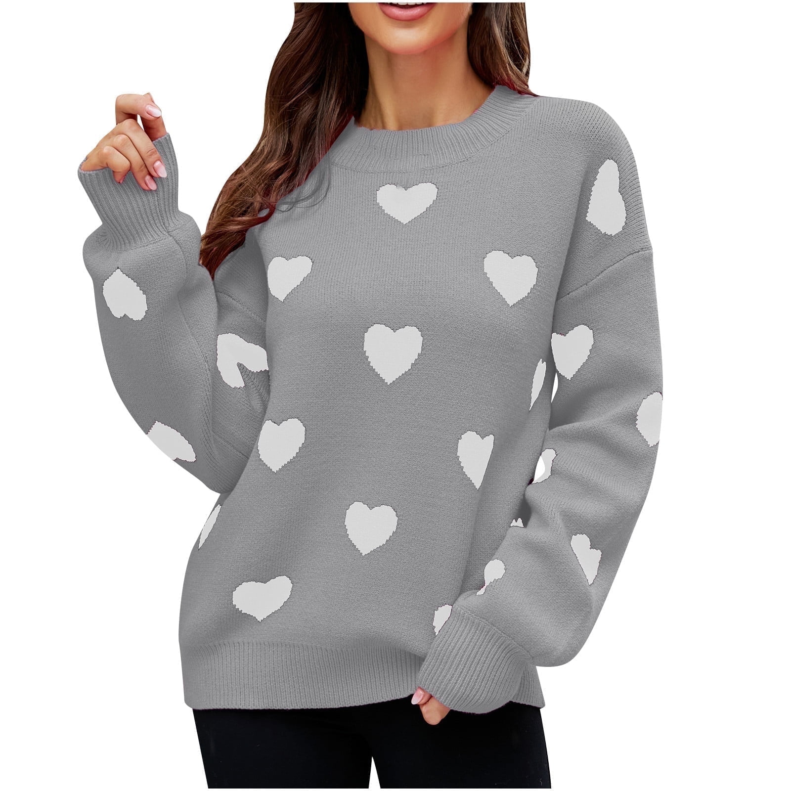 JGGSPWM Cute Heart Print Sweaters for Womens Valentines Day Tops Casual Fall Winter Jumper ...