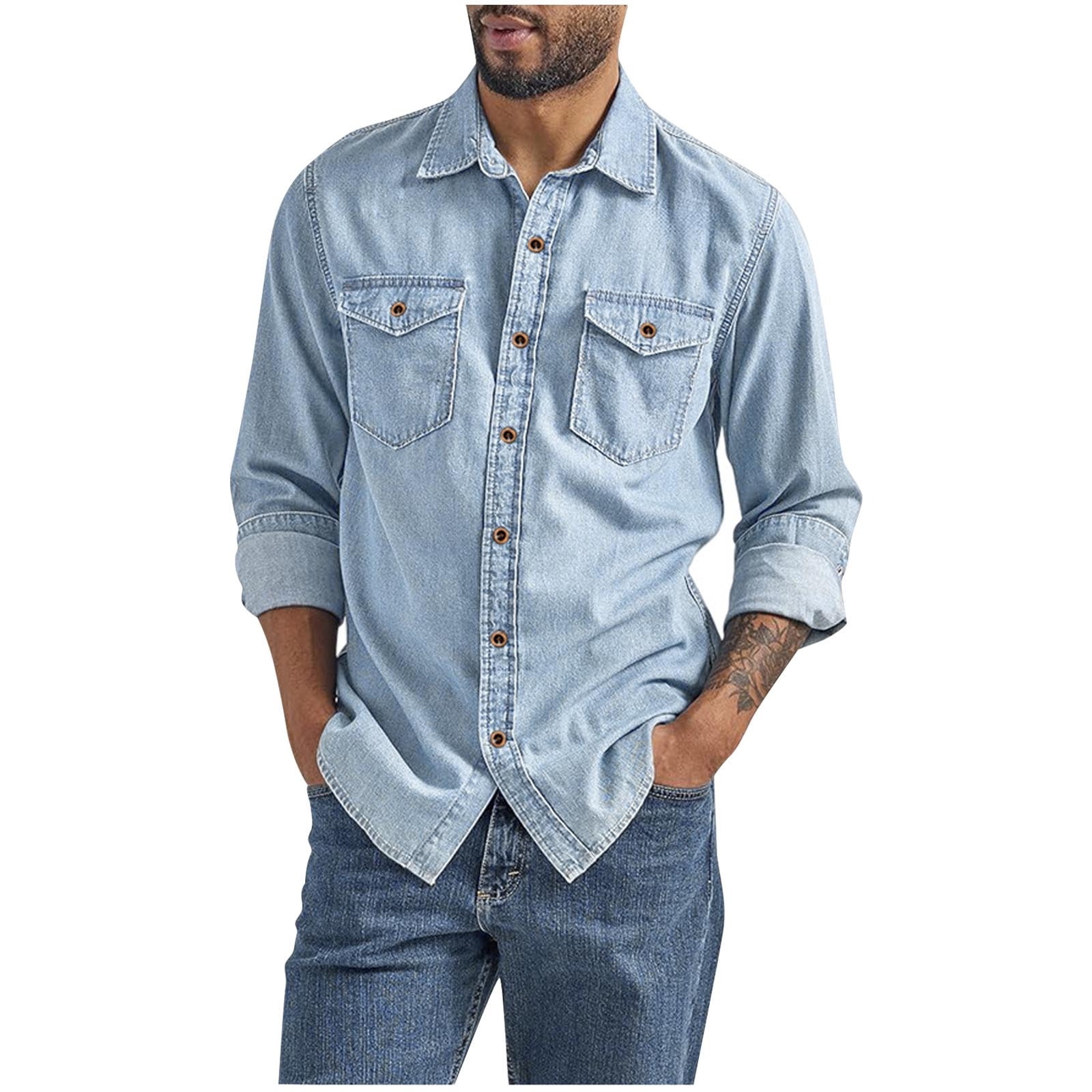 JGGSPWM Men's Denim Button Down Shirts Vintage Casual Long Sleeve ...