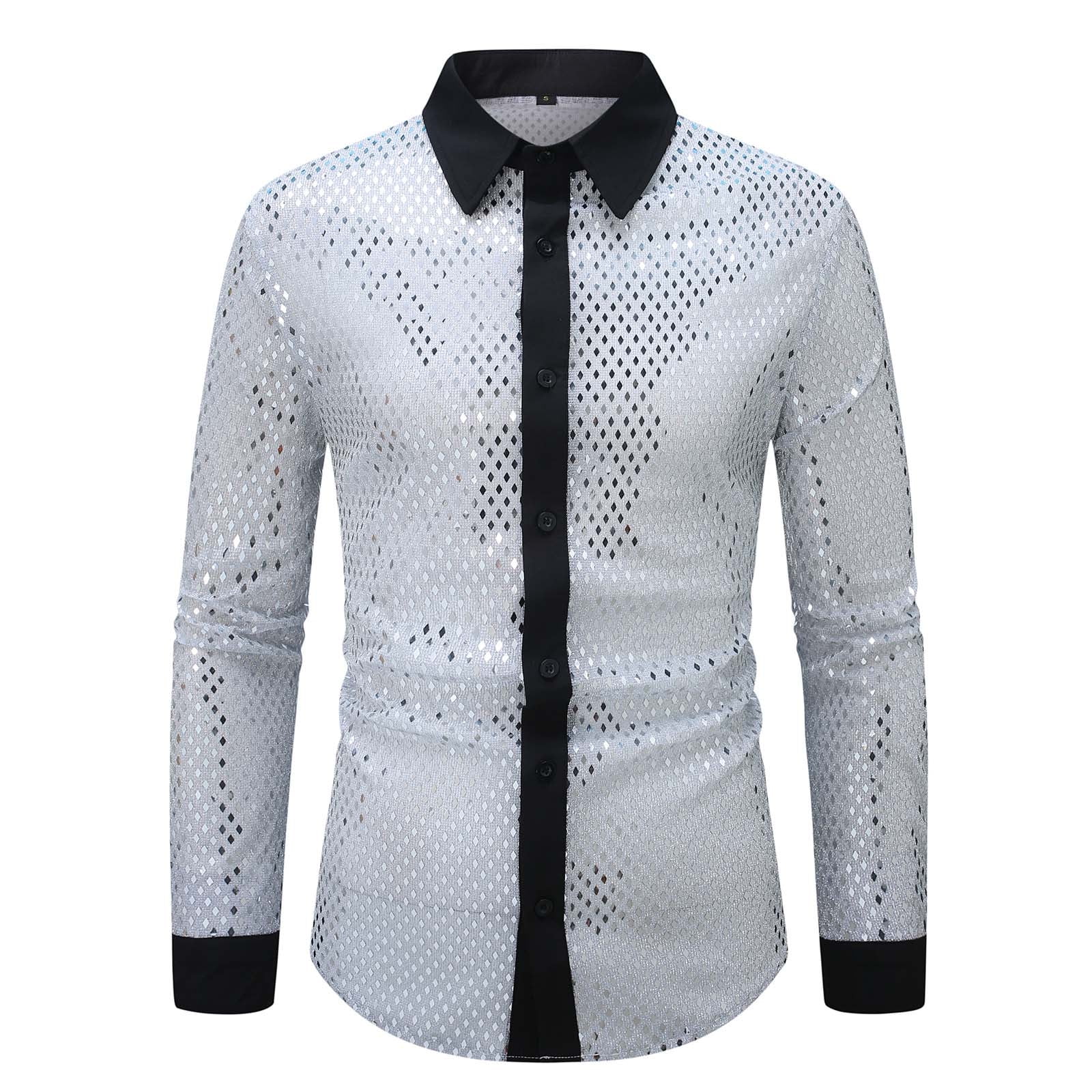 JGGSPWM Mens 70s Disco Shirt Long Sleeve Button Turndown Collar Shirt ...