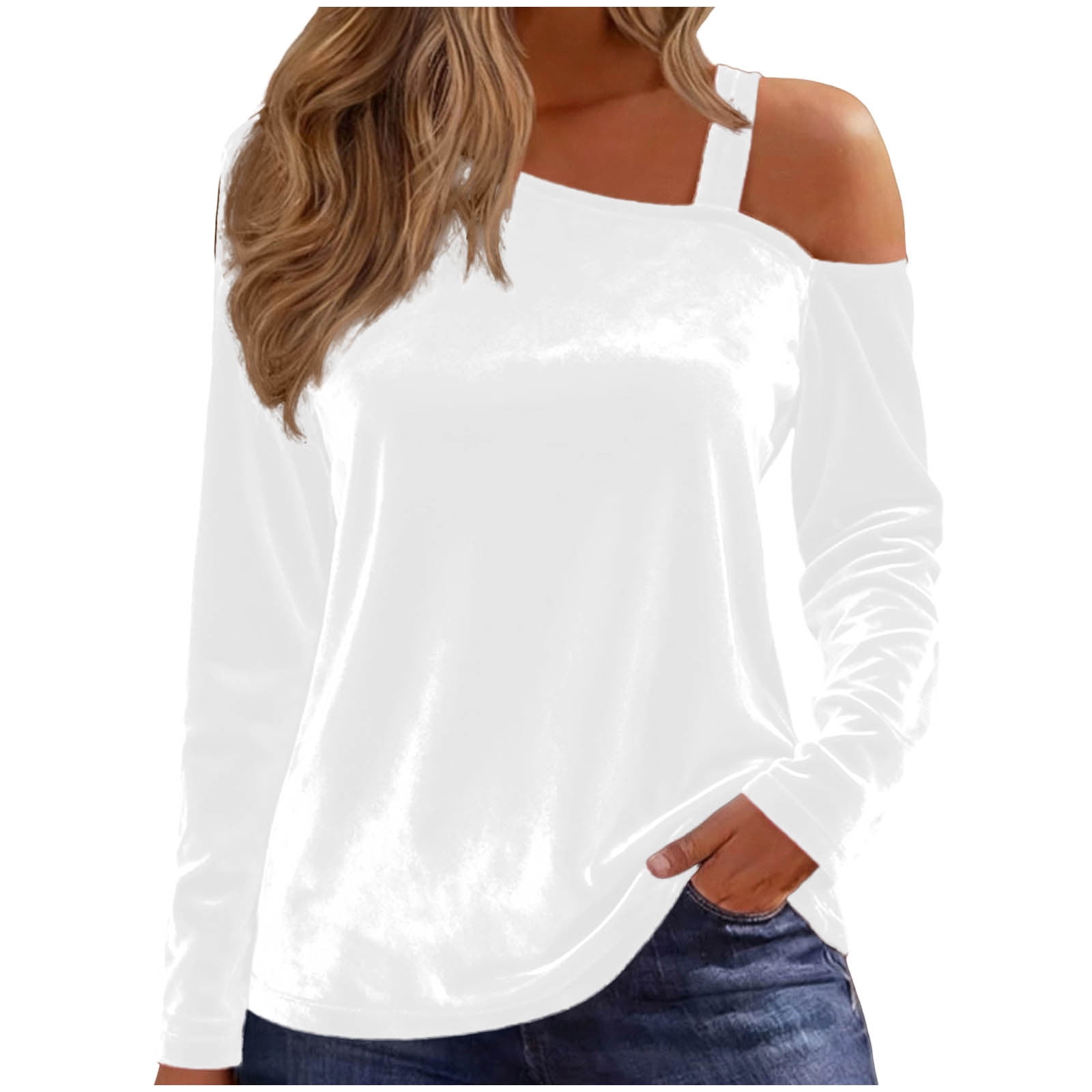 JGGSPWM Off Shoulder Strap Tops for Womens Velvet Casual Long Sleeve T ...