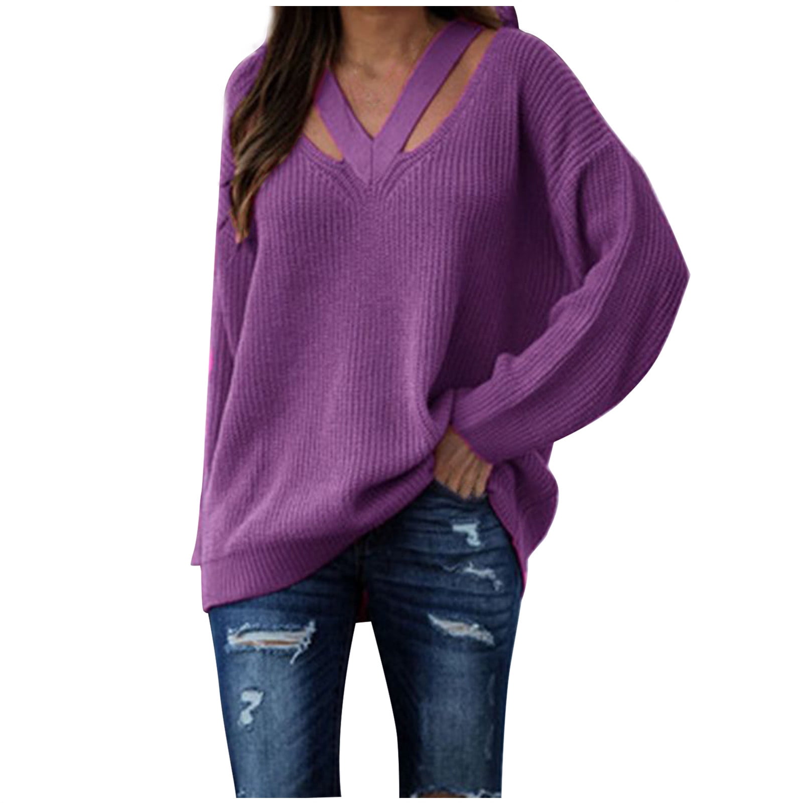 JGGSPWM Solid Ribbed Knit Sweaters for Womens Cut Out V Neck Long ...