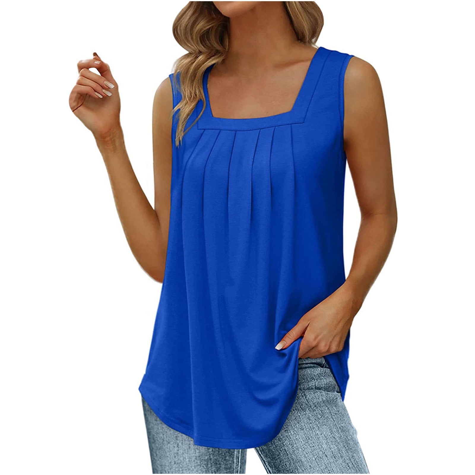Jggspwm Summer Tank Tops For Women Loose Fit Pleated Square Neck Sleeveless Tops Curved Hem