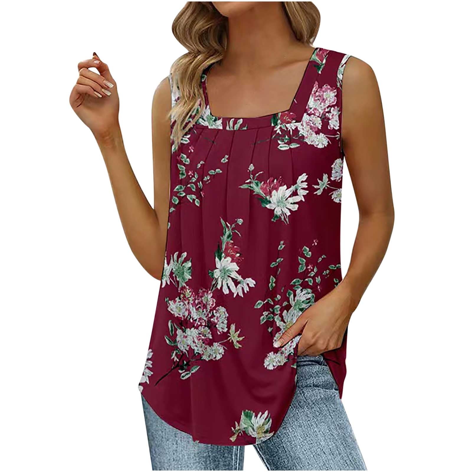 JGGSPWM Summer Tank Tops for Women Loose Fit Pleated Square Neck ...