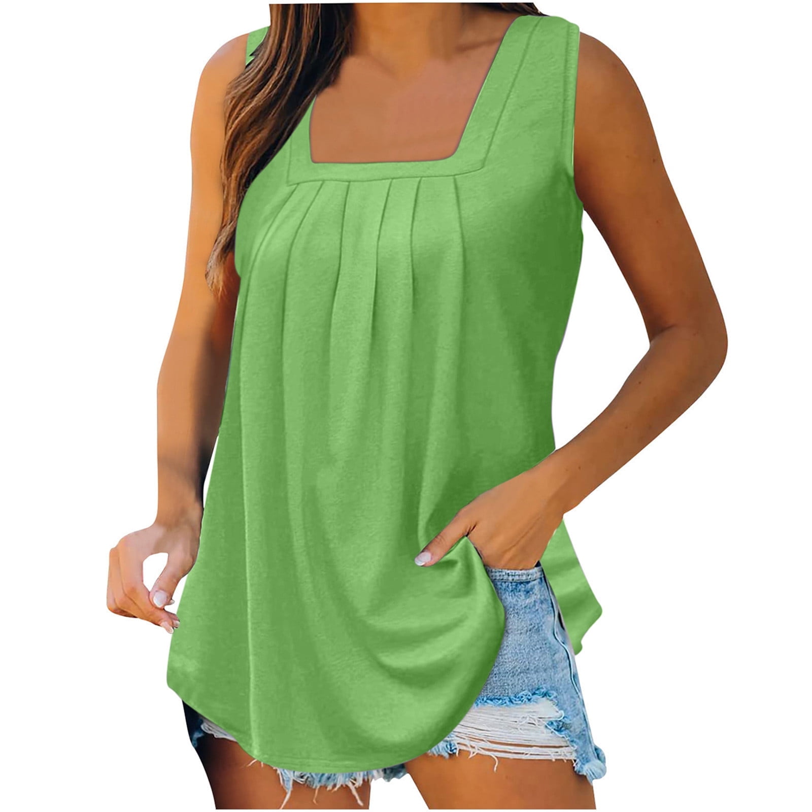 Jggspwm Summer Tank Tops For Women Loose Fit Pleated Square Neck Sleeveless Tops Curved Hem