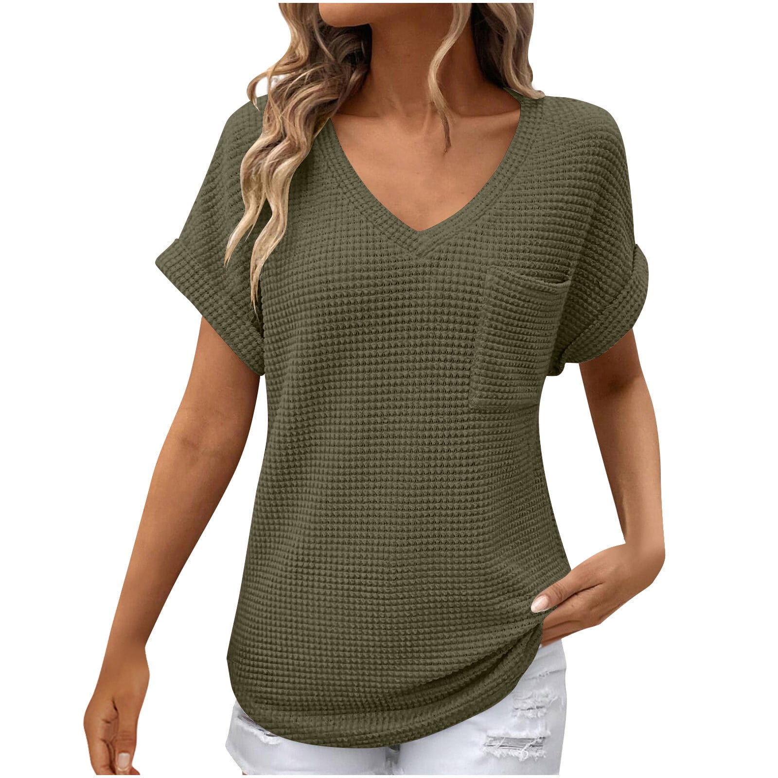 JGGSPWM V Neck Waffle Knit Short Sleeve T Shirts Loose Blouse with ...