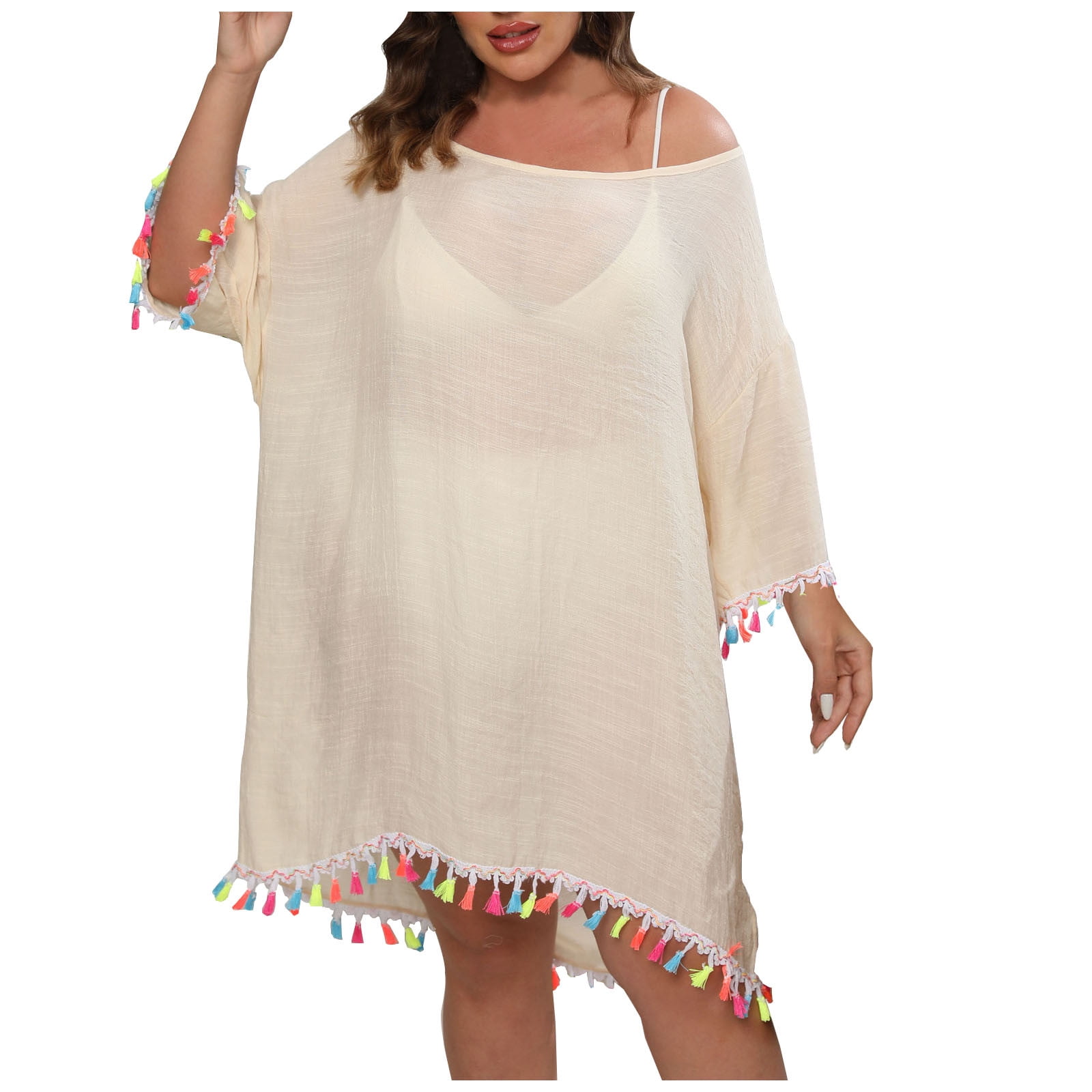 Jggspwm Women Linen Rainbow Tassel Swimsuit Cover Up Bathing Suit Bikini Stylish Beach Cover Up