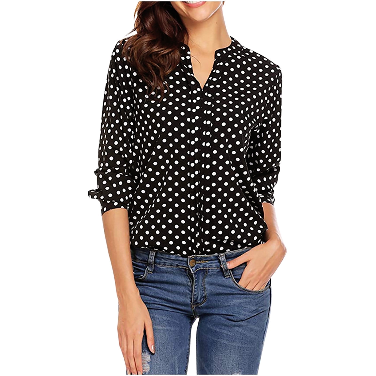 JGGSPWM Women Plus Size Polka Dots Print Blouse 3/4 Sleeve Shirts V ...