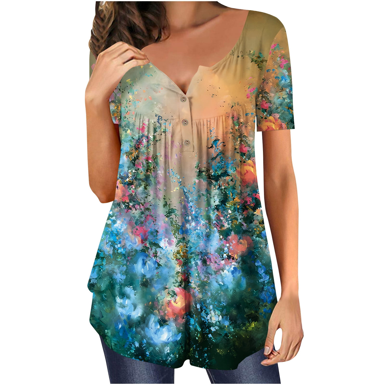 JGGSPWM Women Tops Plus Size Hide Belly Tunic Short Sleeve T Shirts ...