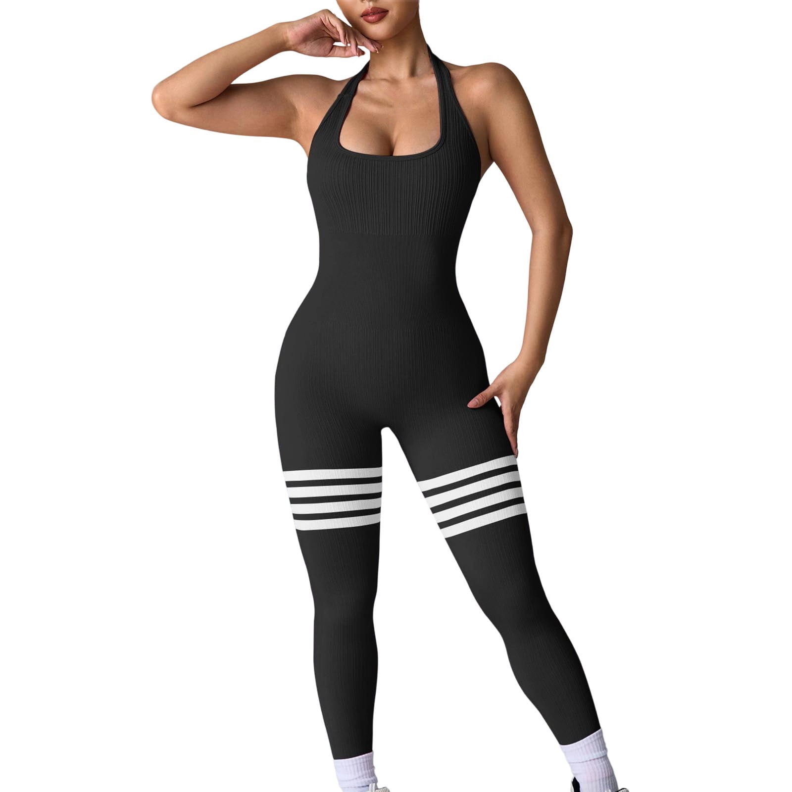 JGGSPWM Women Yoga Jumpsuits Ribbed Halter Neck Backless One-piece ...