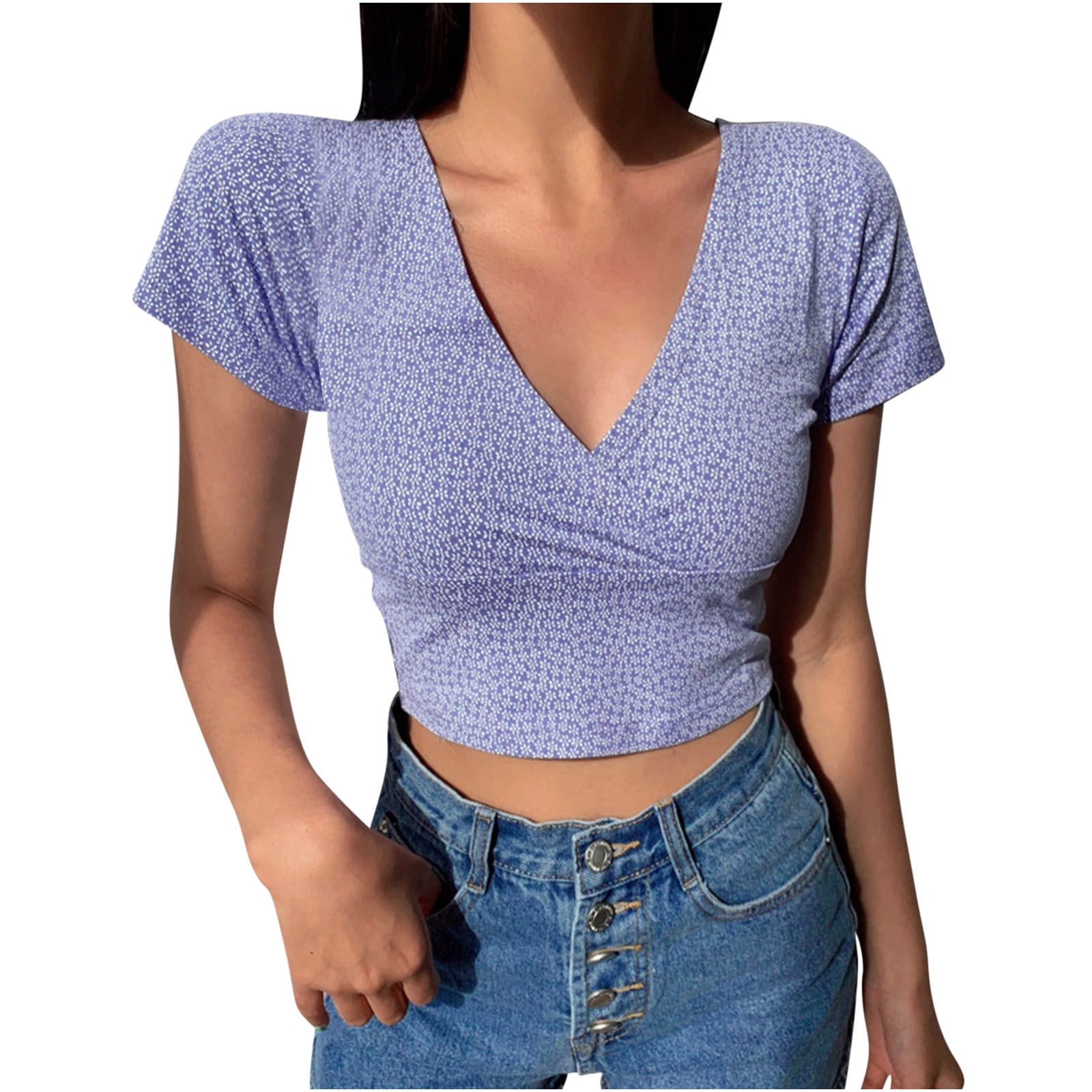 JGGSPWM Women's Cleavage Boho Wrap Short Sleeve Deep V Neck Floral Tops ...