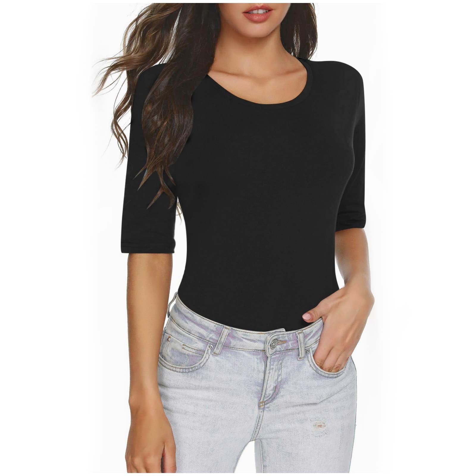 JGGSPWM Women's Crop Tops Basic Scoop Neck 3/4 Sleeve T-Shirt V Neck ...