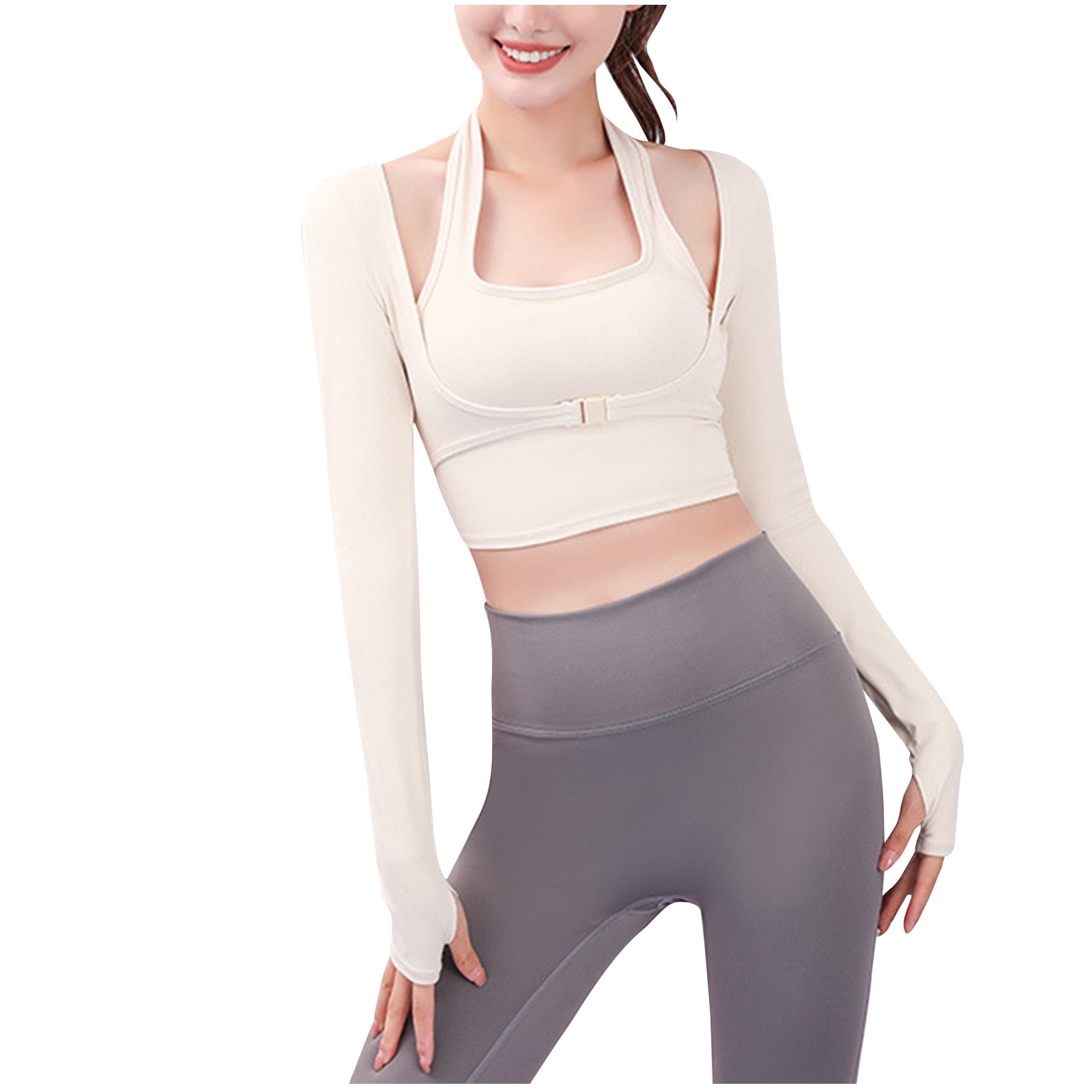 JGGSPWM Women's Cut-Out Workout Crop Top Long Sleeve Halter Tops Sports ...