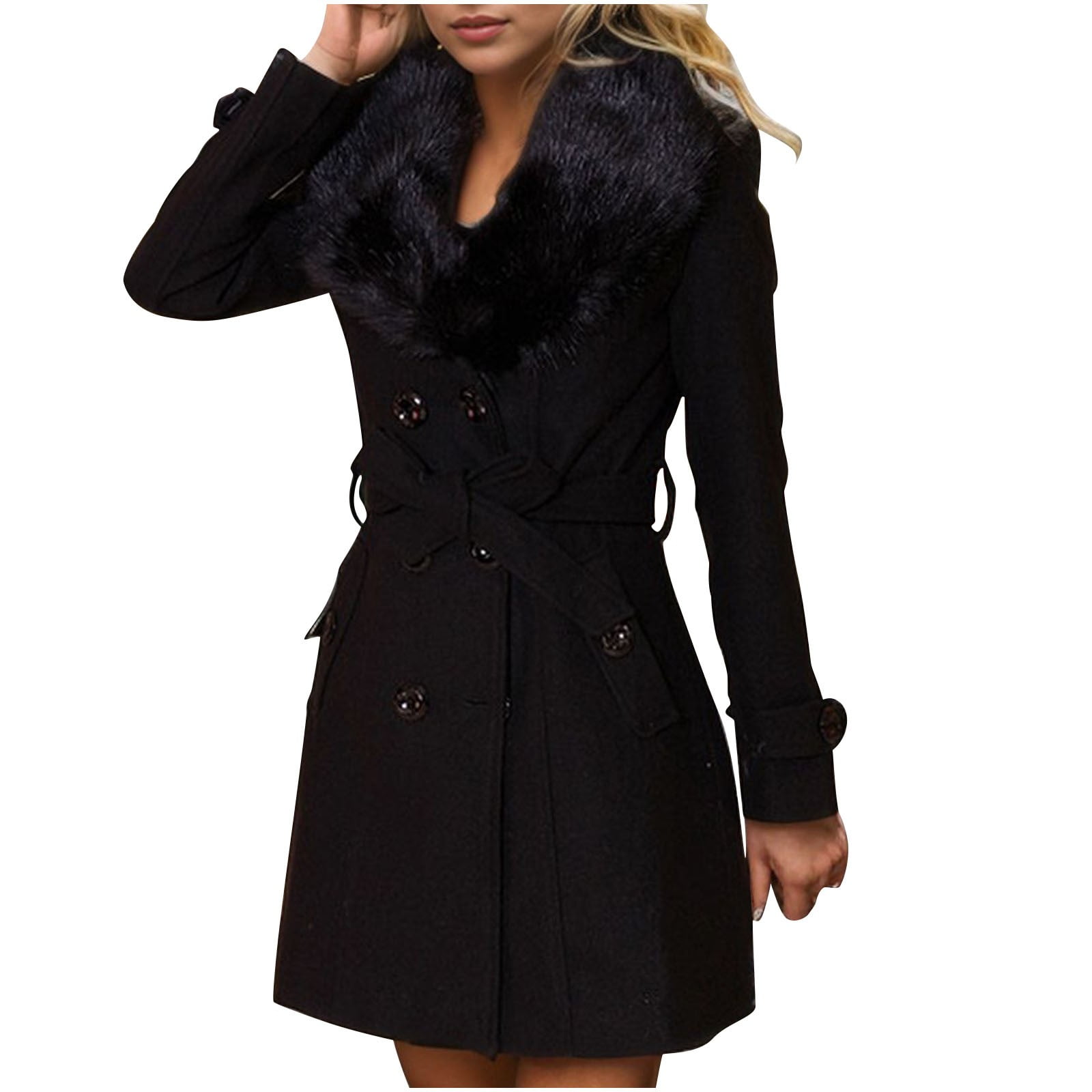 JGGSPWM Women's Double Breasted Midi Long Pea Coat Detachable Faux Fur ...