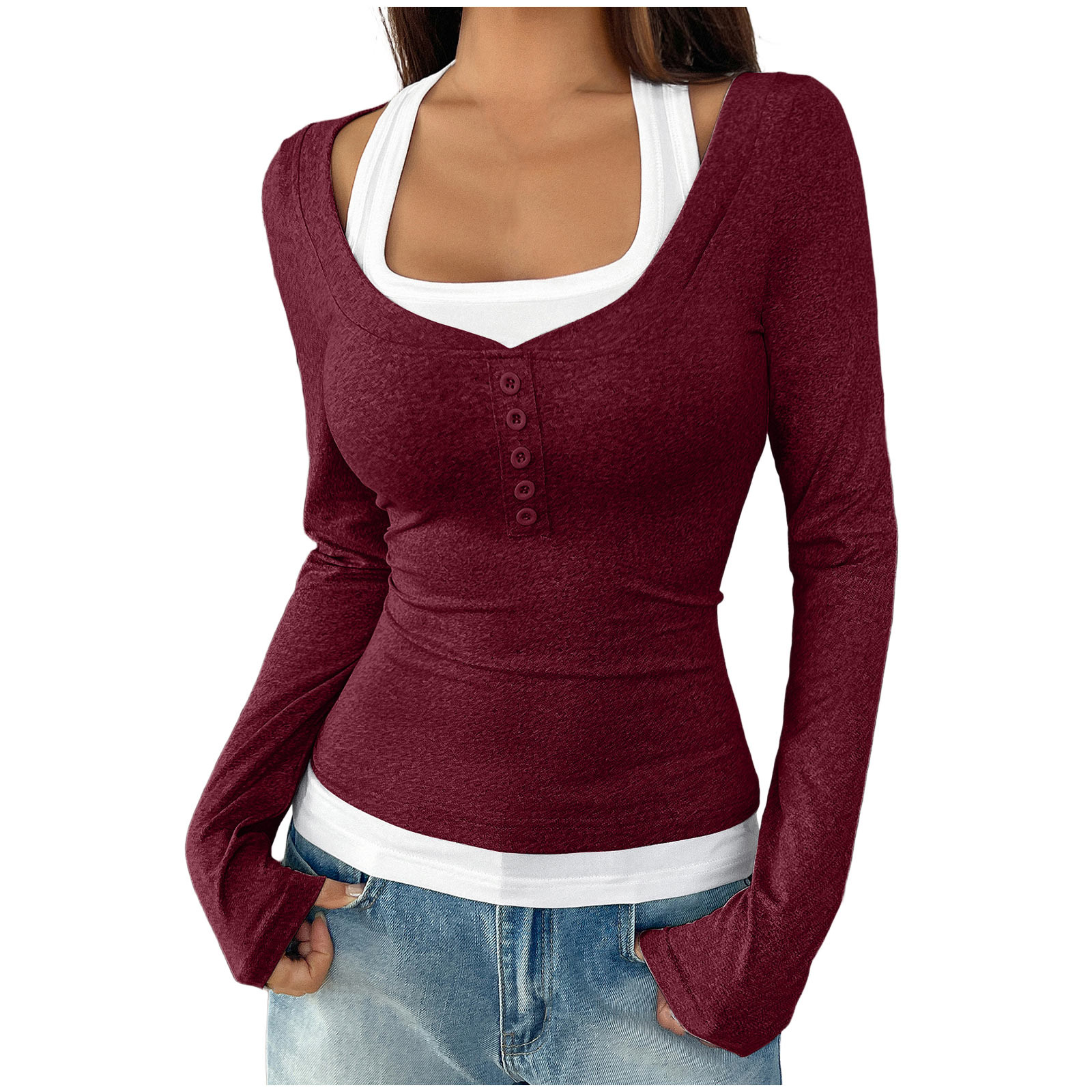 JGGSPWM Women's Faux Two-Piece Camisole Long Sleeve Shirts Y2K Going ...