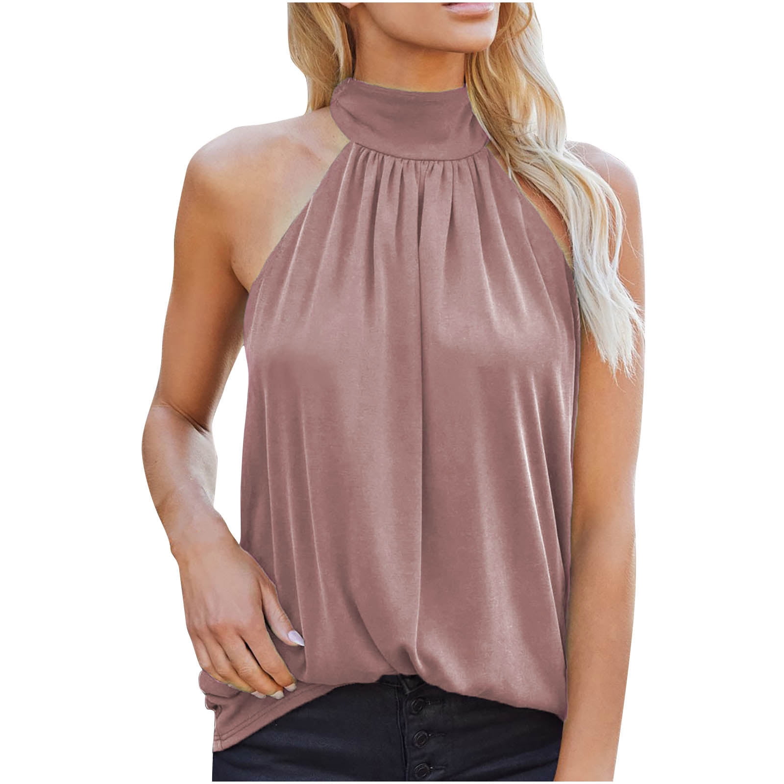 JGGSPWM Women's Halter Tank Tops Sleeveless High Neck Back Tie Summer ...